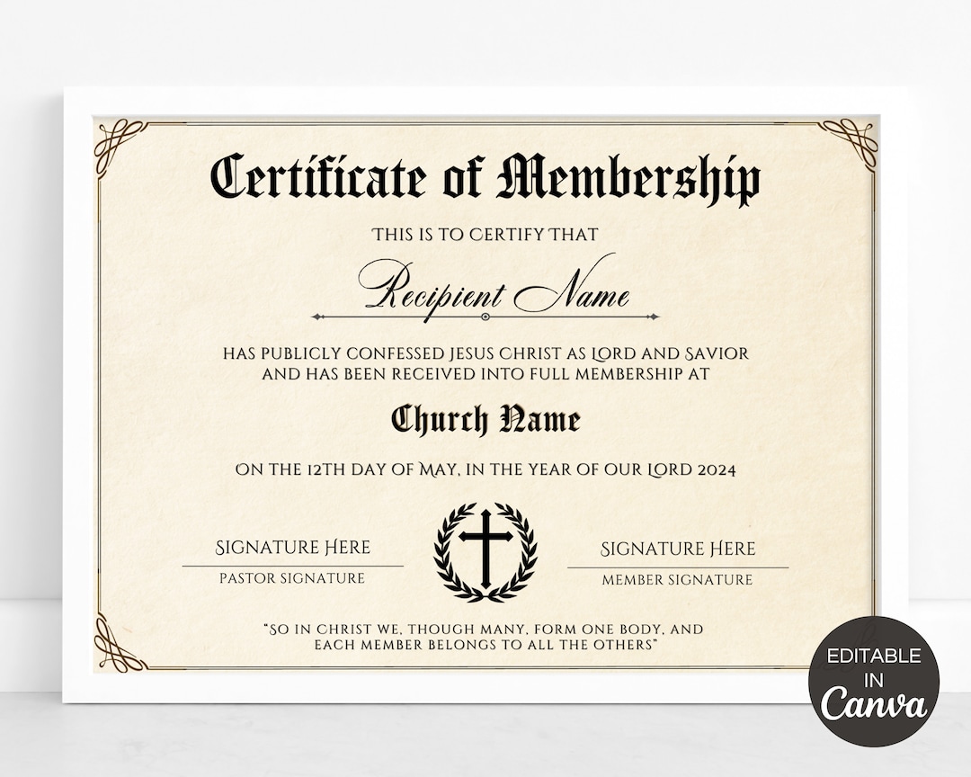 Editable Church Membership Certificate Template, Printable Certificate ...