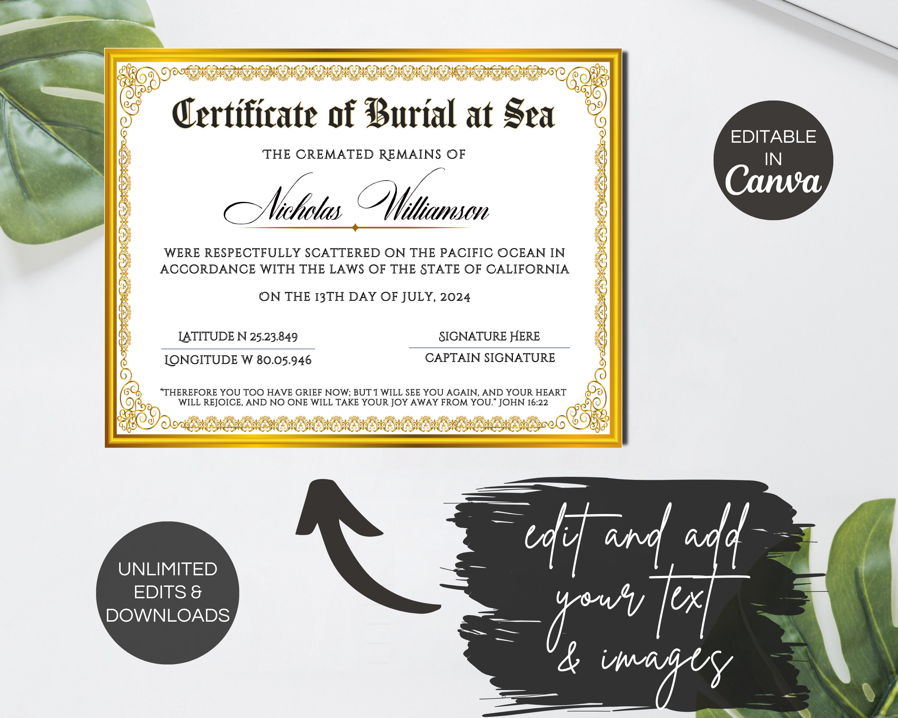 Certificate of Burial at Sea, Memorial Ashes Sea Funeral Keepsake ...