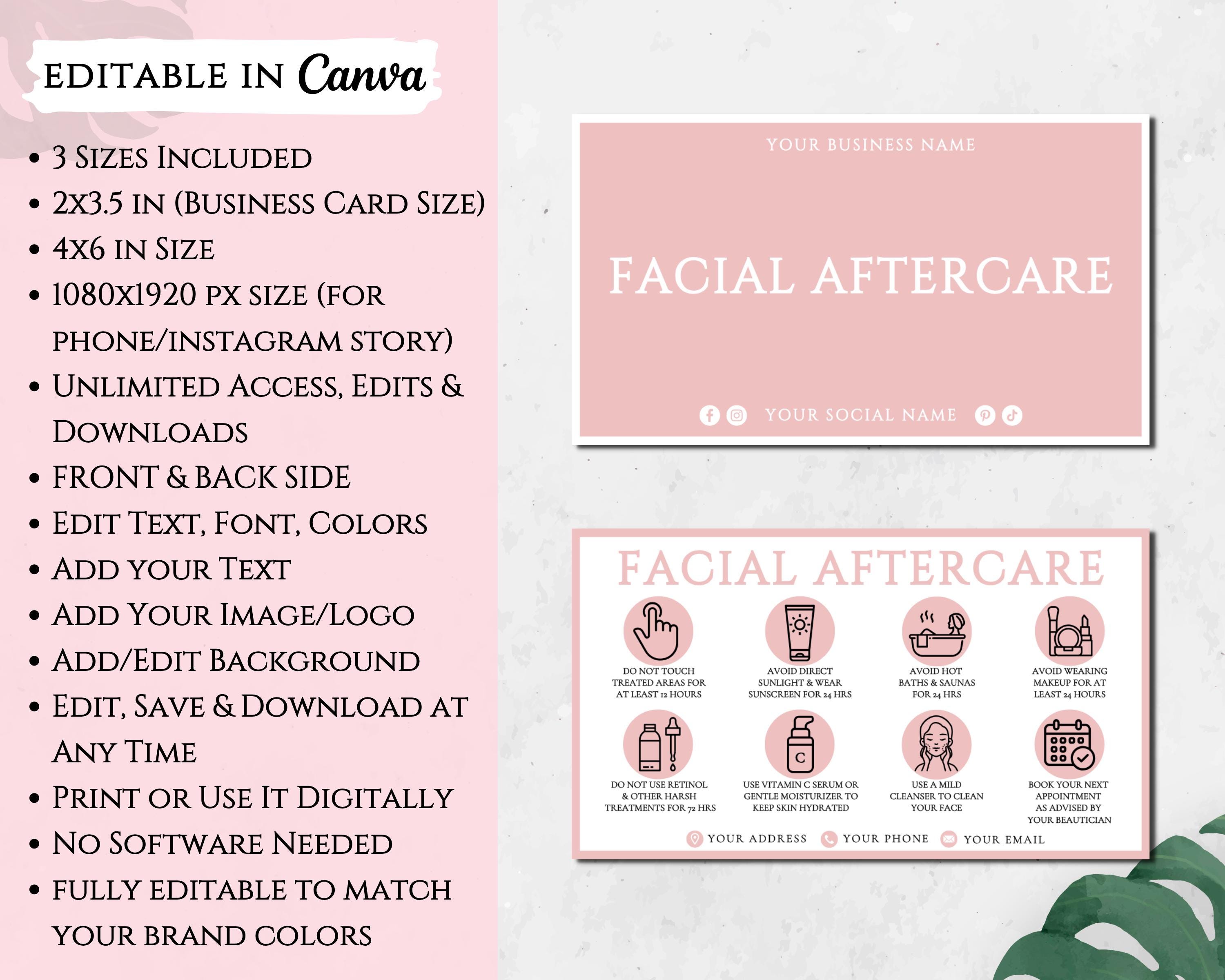 Editable Facial Aftercare Card, Facial Treatment Care Cards, Printable ...