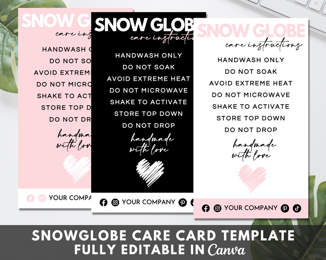 Snow Globe Care Card, Printable Snowglobe Tumbler Care Cards, Editable ...