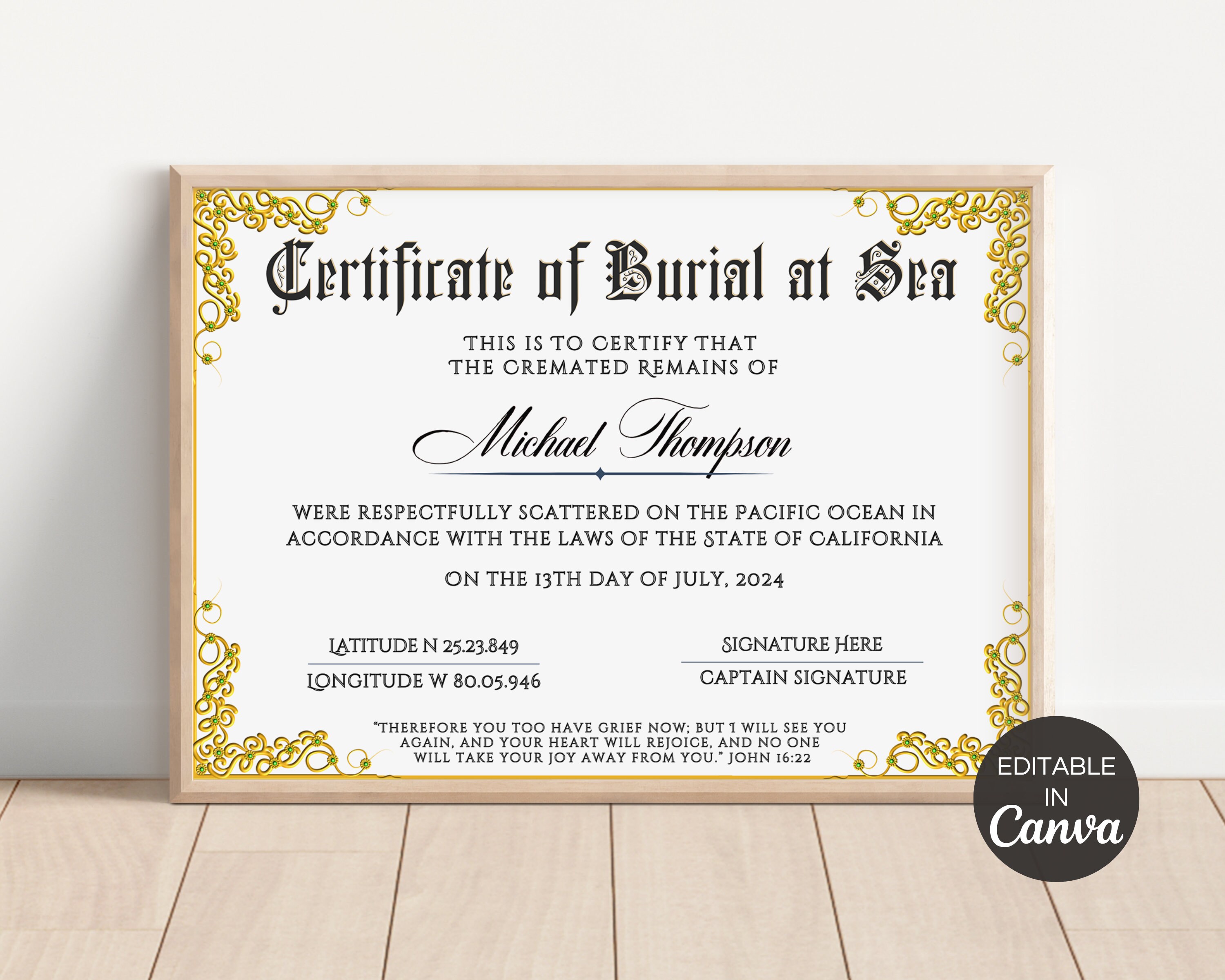 Editable Certificate of Burial at Sea Template, Printable Sea ...