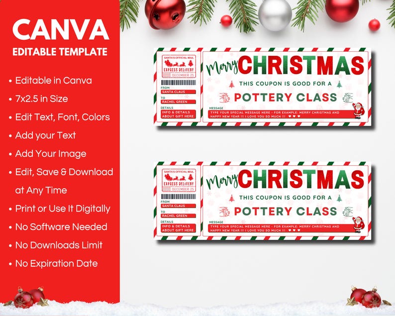 Editable Christmas Pottery Class Gift Coupon Template, Printable Xmas ...