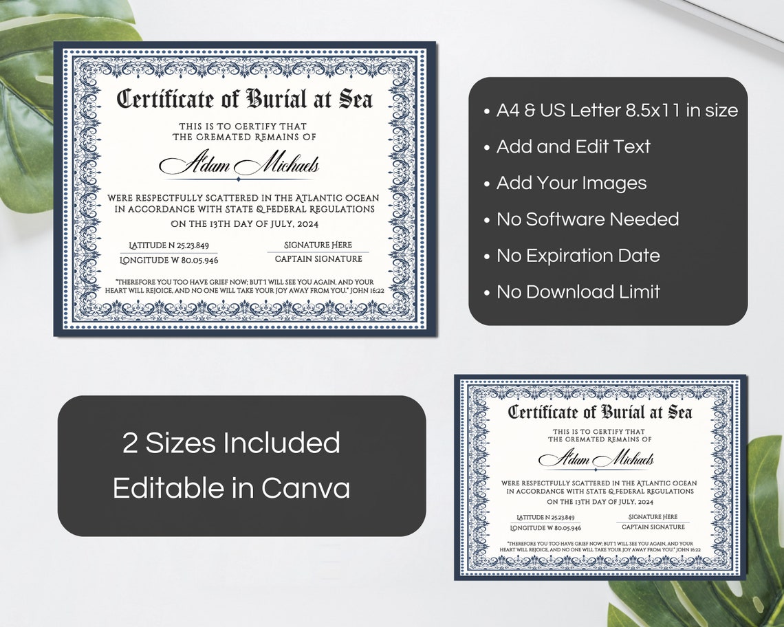 Certificate of Burial at Sea Template, Editable Burial at Sea ...