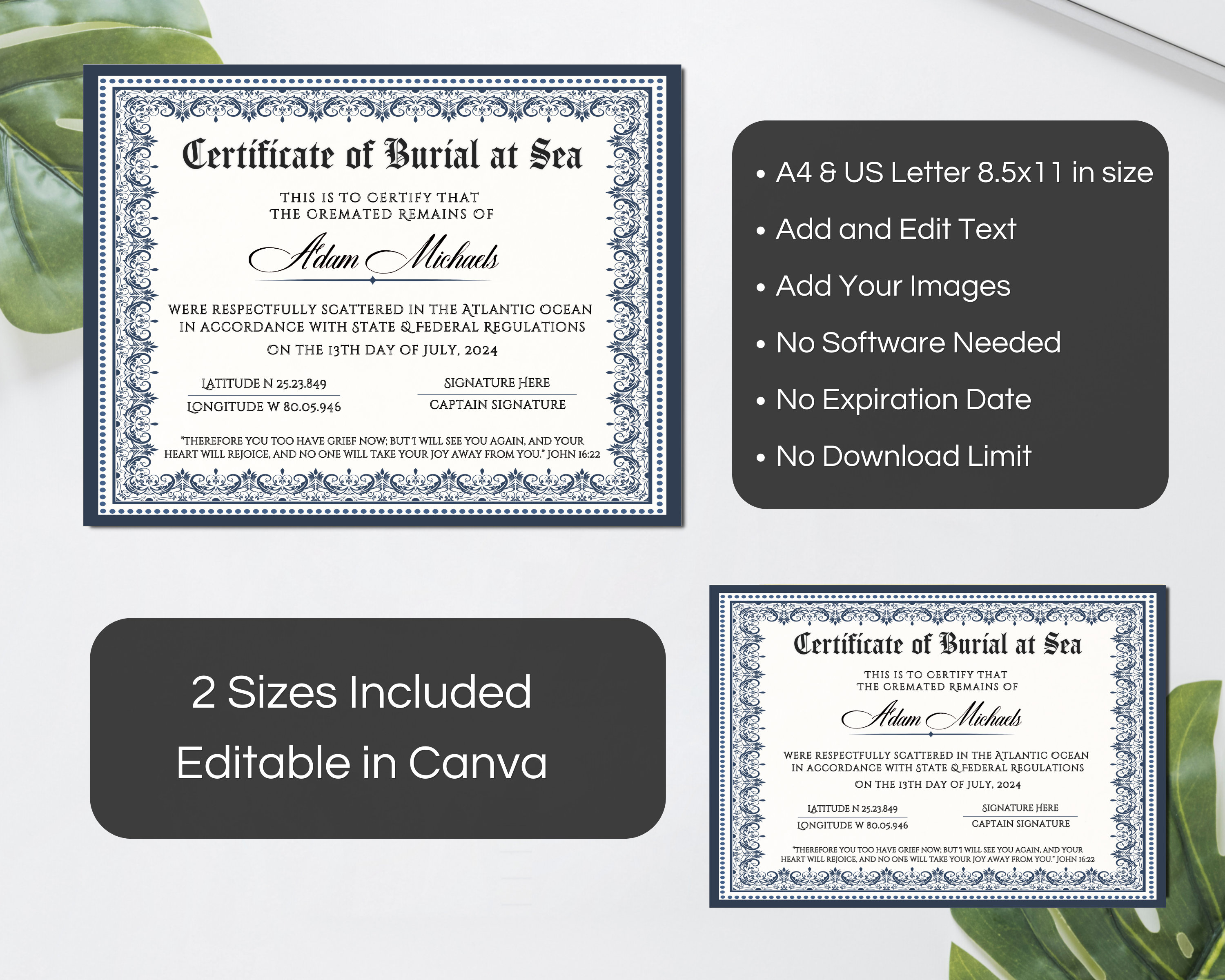 Certificate of Burial at Sea Template, Editable Burial at Sea ...