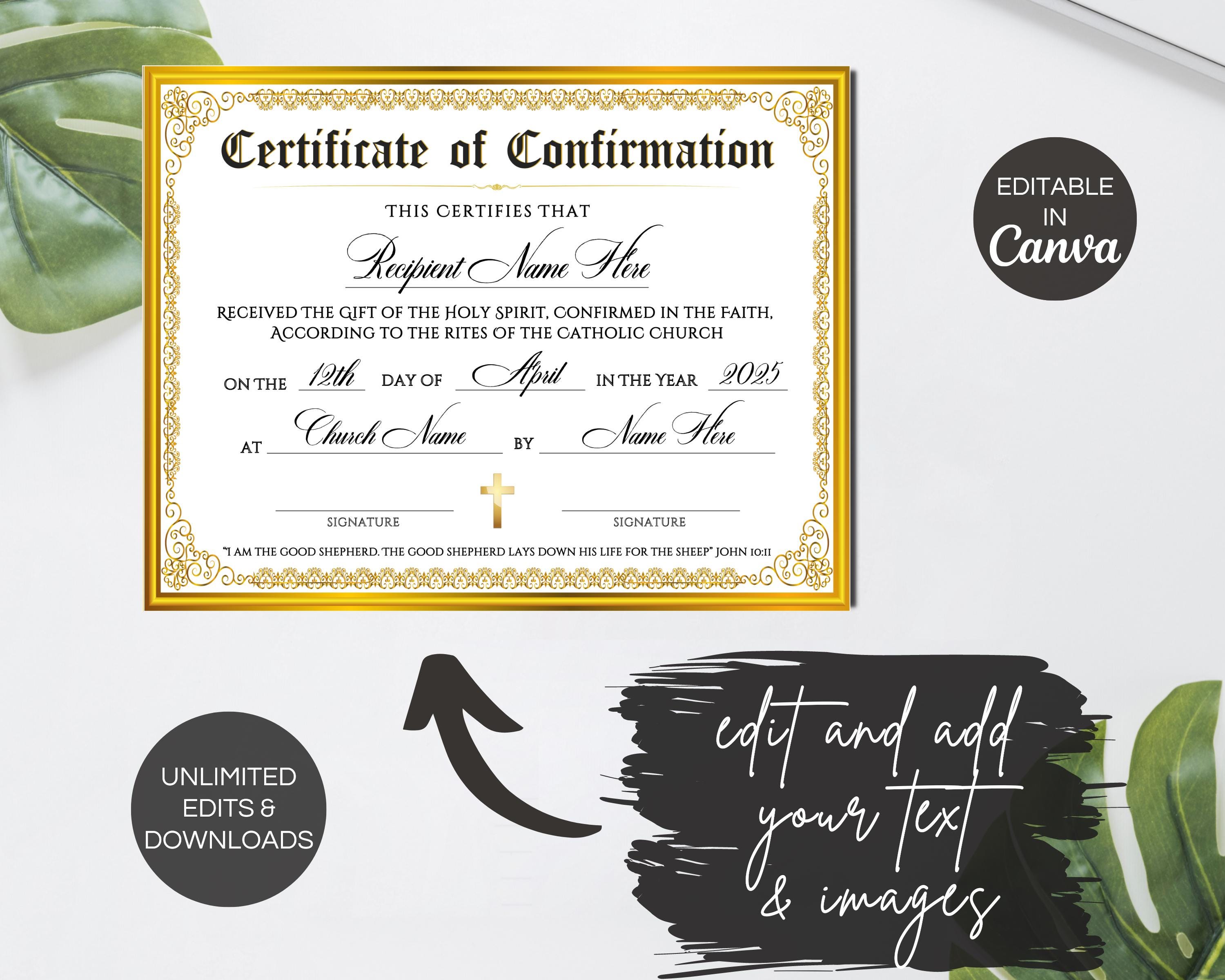 Certificate of Confirmation Template, Editable Religious Catholic ...