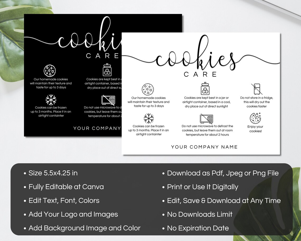 Cookie Care Card Printable Cookies Care Template Editable - Etsy