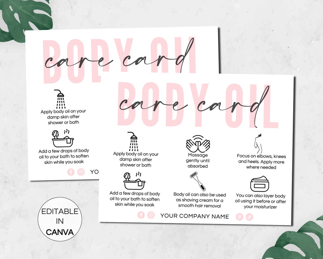 Body Oil Care Card, Printable Dry Oil Application Instructions ...