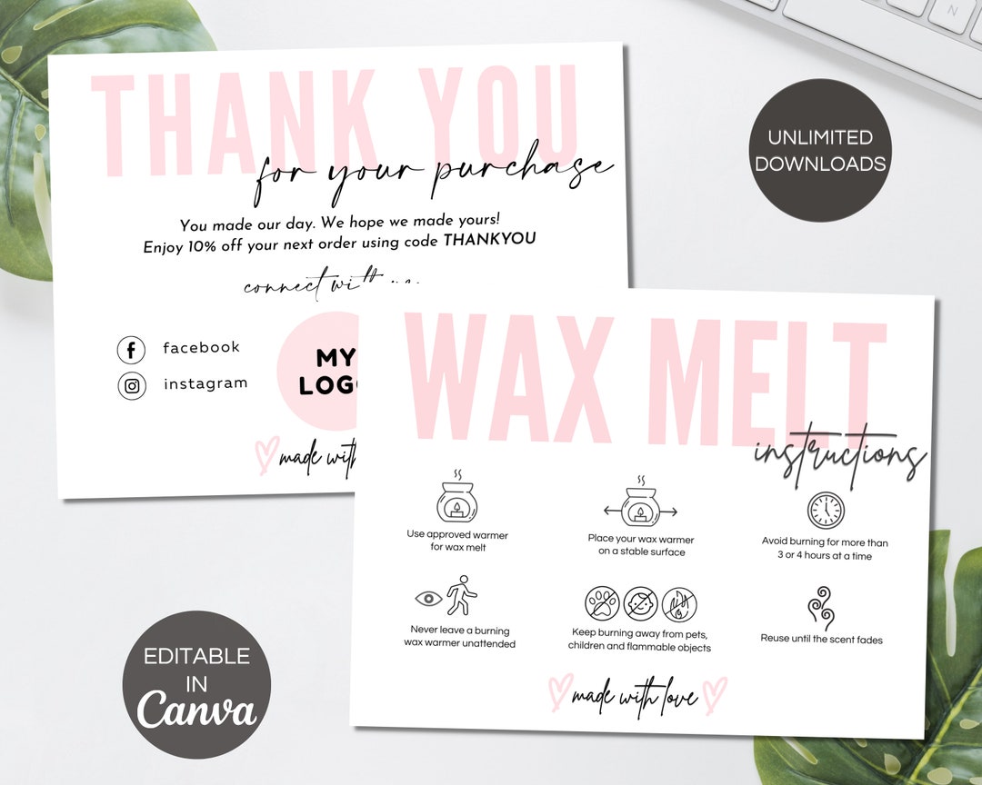 Wax Melt Care Card Template, Editable Wax Melt Business Thank You Card ...