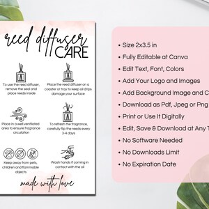 Reed Diffuser Care Card Canva Template, Editable Reed Diffuser Care Card Template, Printable ...
