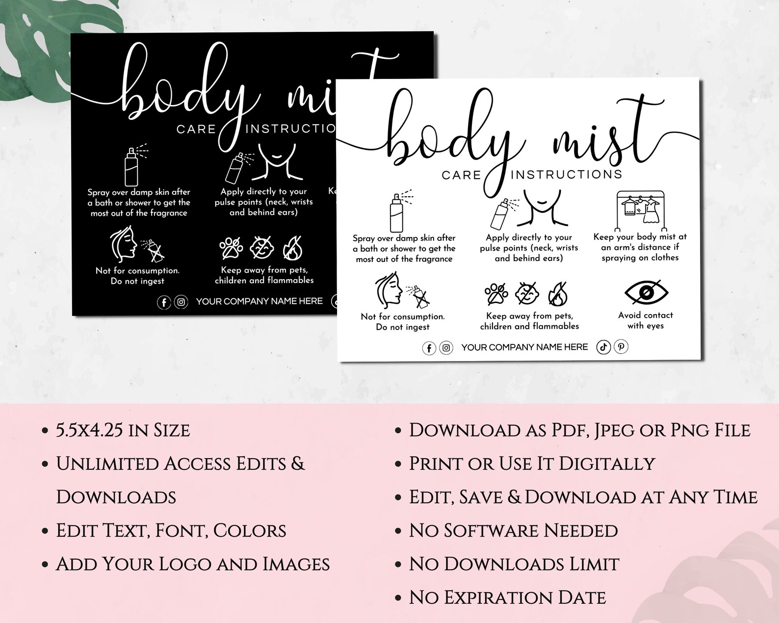Body Mist Care Card, Printable Body Spray Fragrance Instructions Cards ...