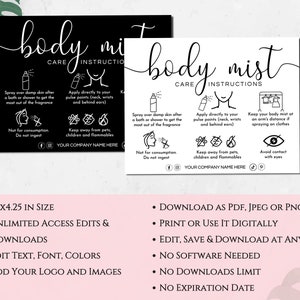 Body Mist Care Card Template, Editable Body Spray Care Instructions ...