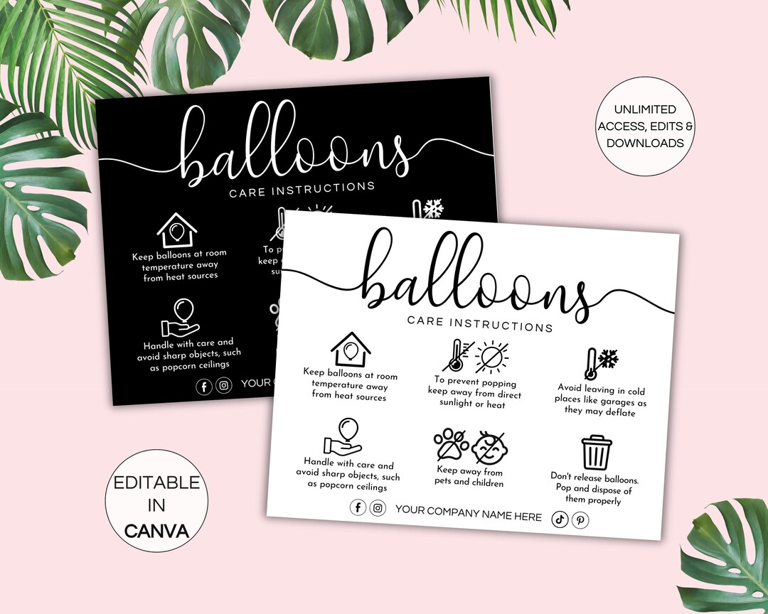 Balloon Care Card, Editable Balloons Care Instructions, Air Helium ...