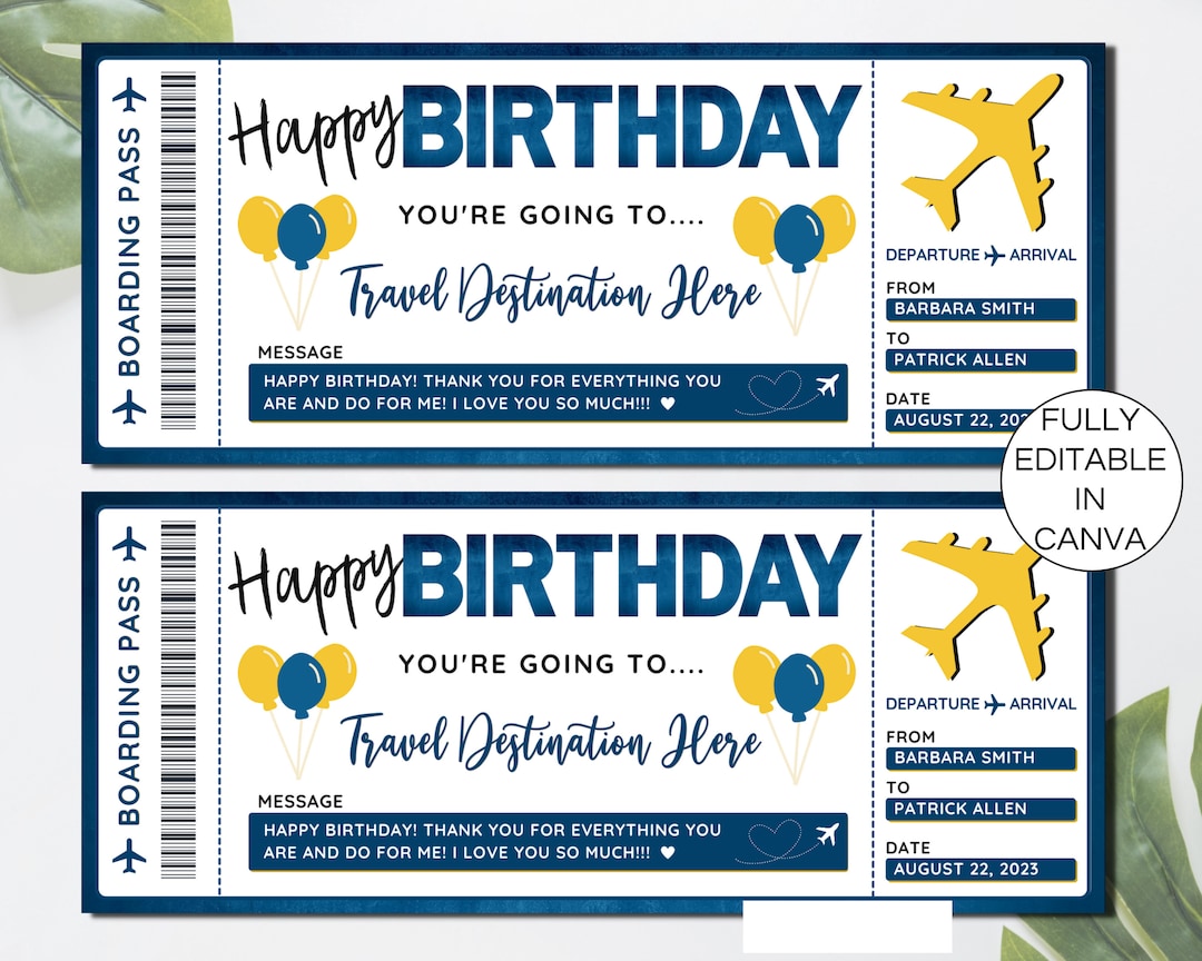 Boarding Pass Template, Editable Plane Ticket, Printable Birthday Gift ...