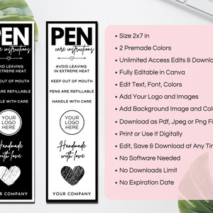 Pen Care Card Template, Editable Epoxy Pen Care Cards, Printable Gel ...