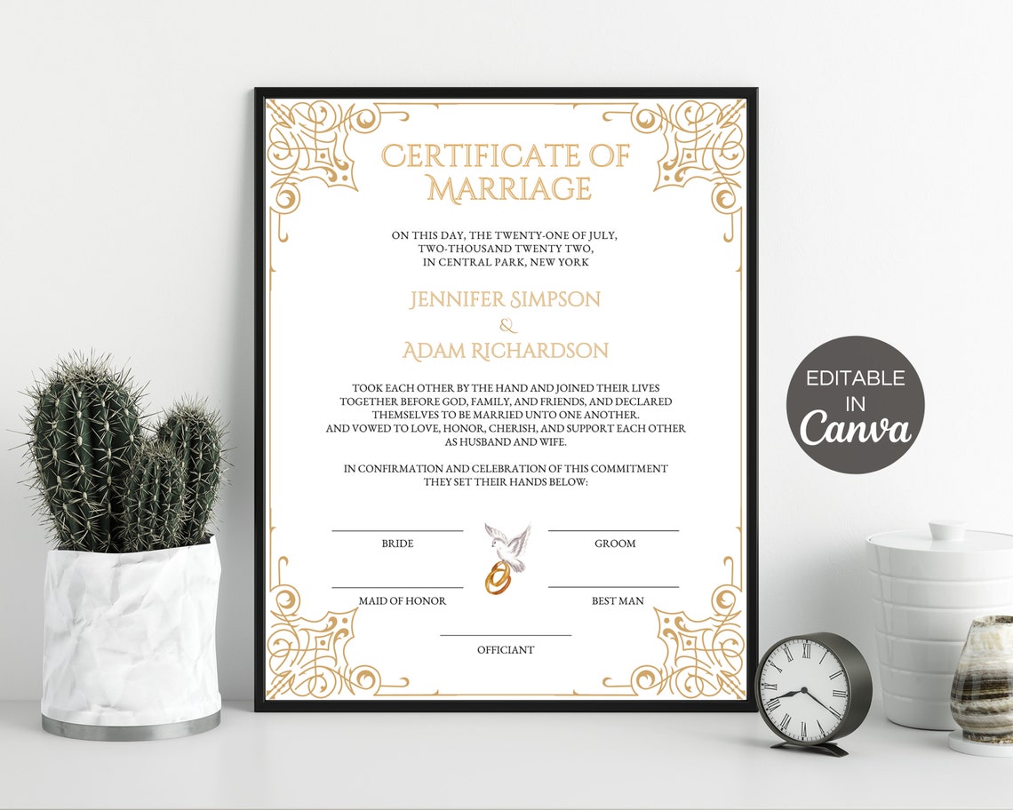 Editable Marriage Certificate Template Printable Wedding - Etsy
