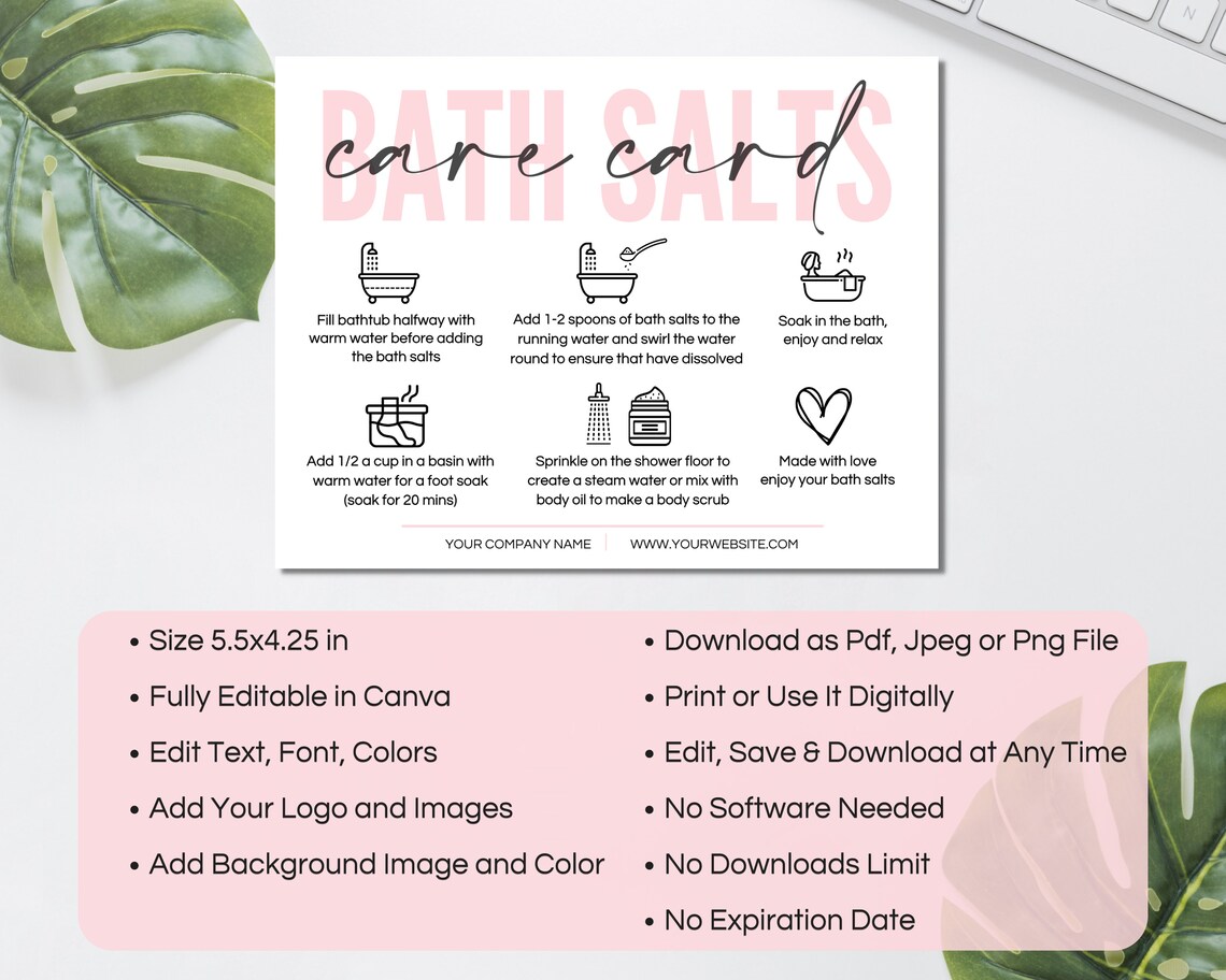 Bath Salts Care Card, Printable Bath Soak Instructions Cards, Editable ...