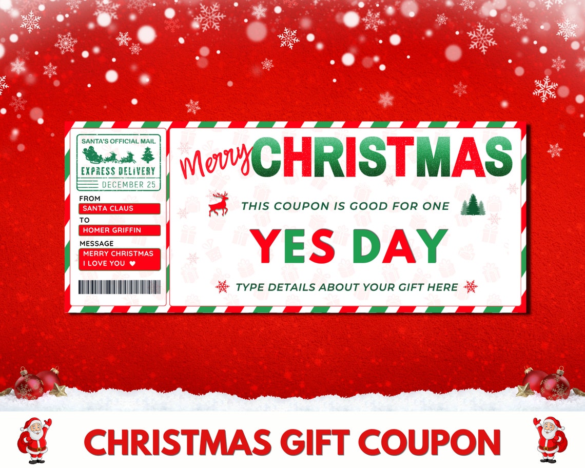 Christmas Yes Day Coupon Template, Printable Yesday Xmas Gift ...