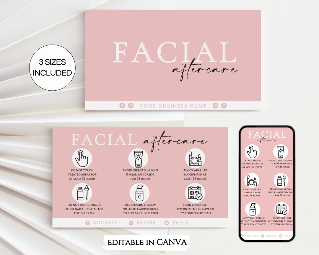 Facial Aftercare Card, Editable Facial Care Instructions, Beauty Salon ...