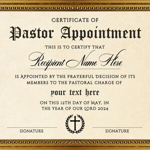 Pastor Appointment Certificate Template, Editable Certificate of ...