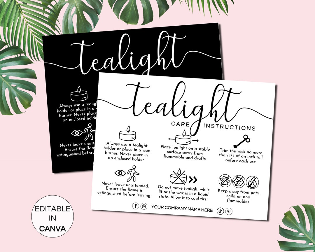 Tealight Candle Care Card, Editable Tea Lights Candles Care ...