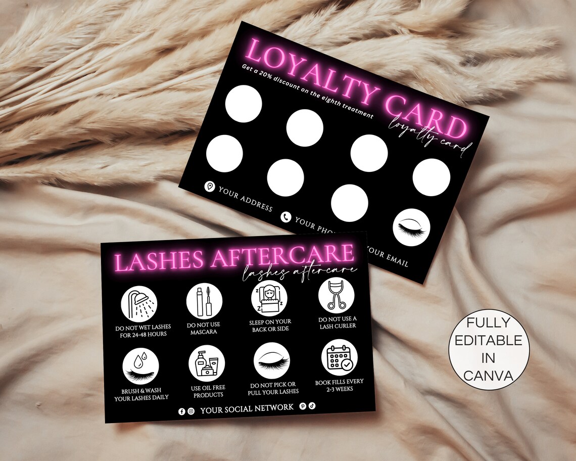 Lash Loyalty Cards, Editable Lash Aftercare Card Template, Printable ...