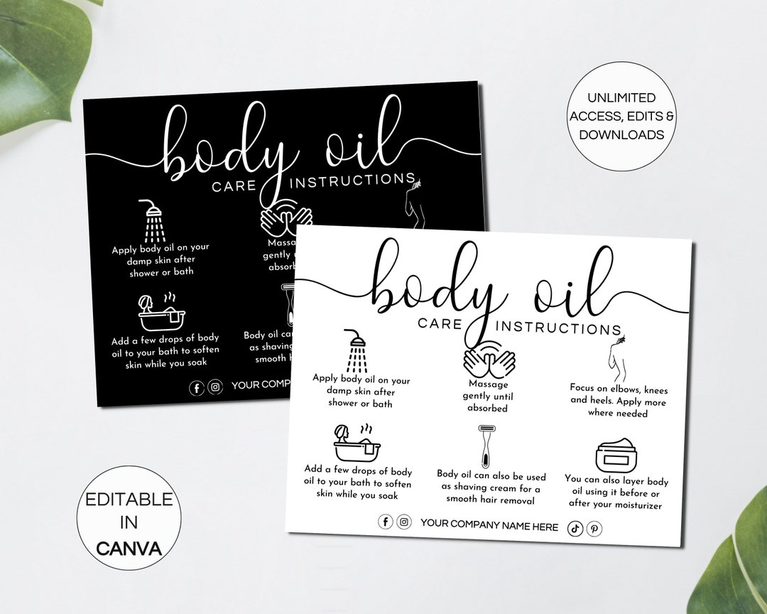 Body Oil Care Card Template, Editable Dry Oil Application Instructions ...