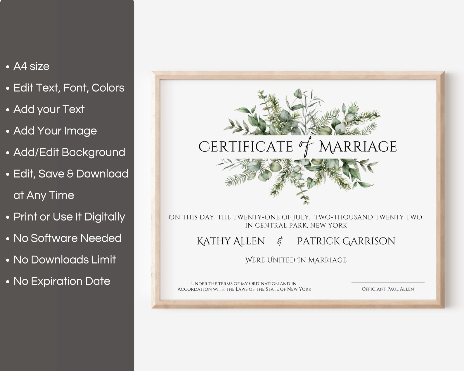 Custom Certificate of Marriage Template, Editable Marriage Certificate ...