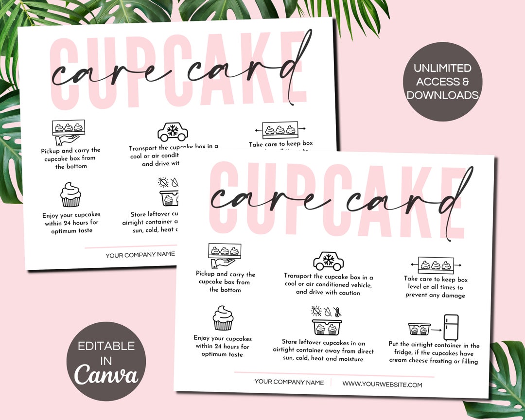 Cupcake Care Card Template, Editable Cupcake Care Instructions ...