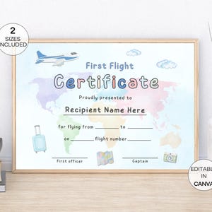 First Flight Certificate for Kids, Editable Toddler's First Flight ...