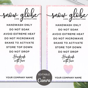 Snow Globe Care Card, Printable Snowglobe Tumbler Care Cards, Editable ...