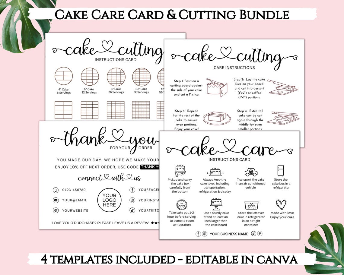Cake Care Card Cutting Guide Bundle, Printable Bakery Business Thank ...