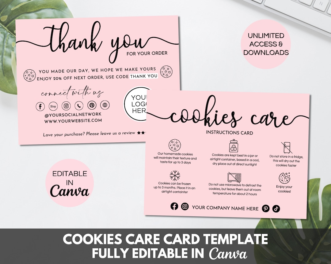 Editable Cookie Care Card Template, Printable Cookie Business Thank You ...