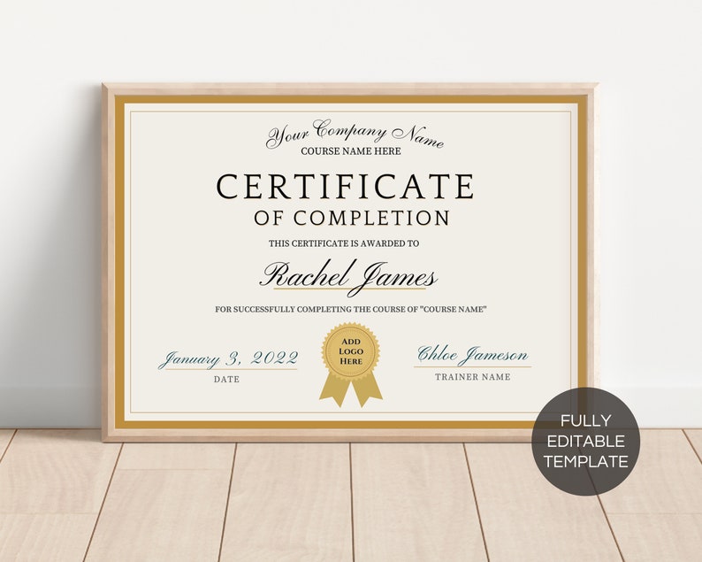 Gold Certificate of Completion Editable Certificate of - Etsy