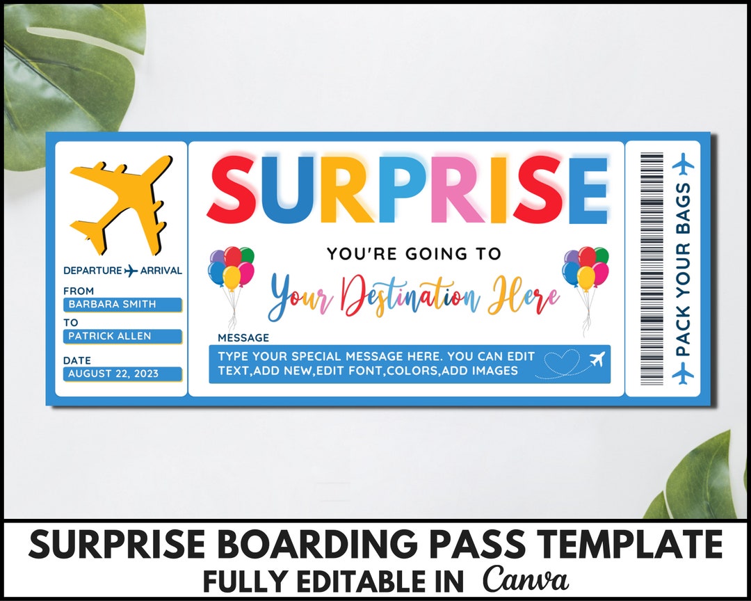 Surprise Boarding Pass Template Editable Editable Fake Plane - Etsy