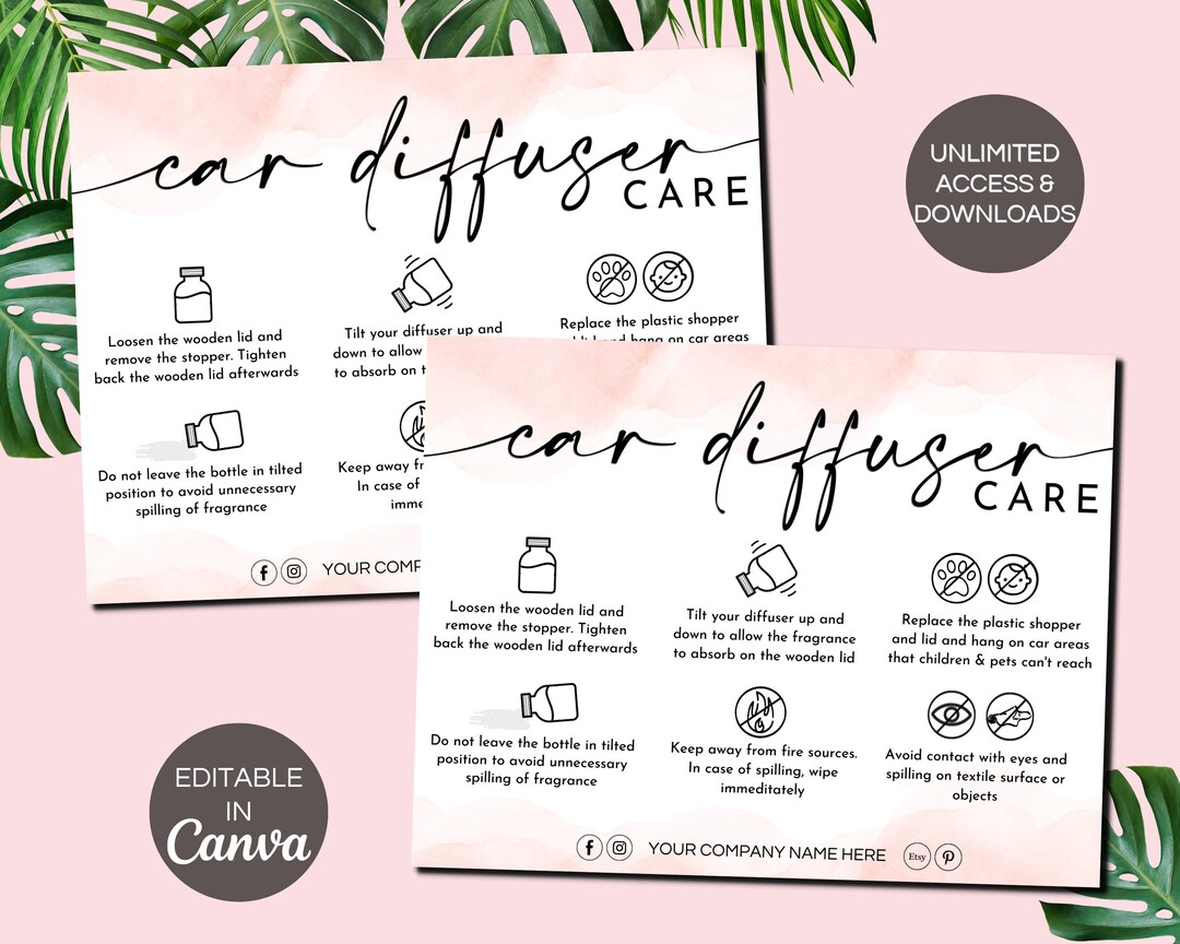 Car Diffuser Care Card Template, Car Diffuser Care Guide, Editable Oil ...