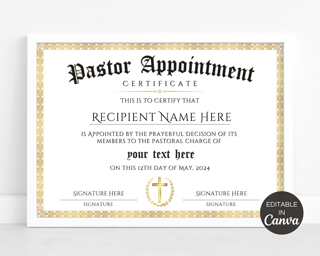 Pastor Appointment Certificate Template, Editable Certificate of ...