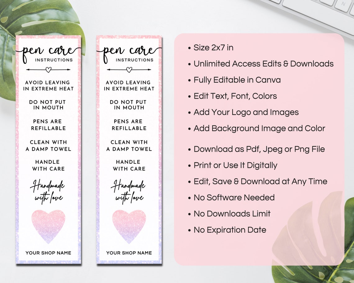 Pen Care Card, Printable Epoxy Pens Instructions Cards, Editable Gel ...