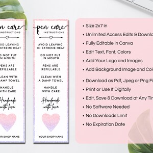 Pen Care Card Template, Editable Epoxy Pen Care Cards, Printable Gel ...