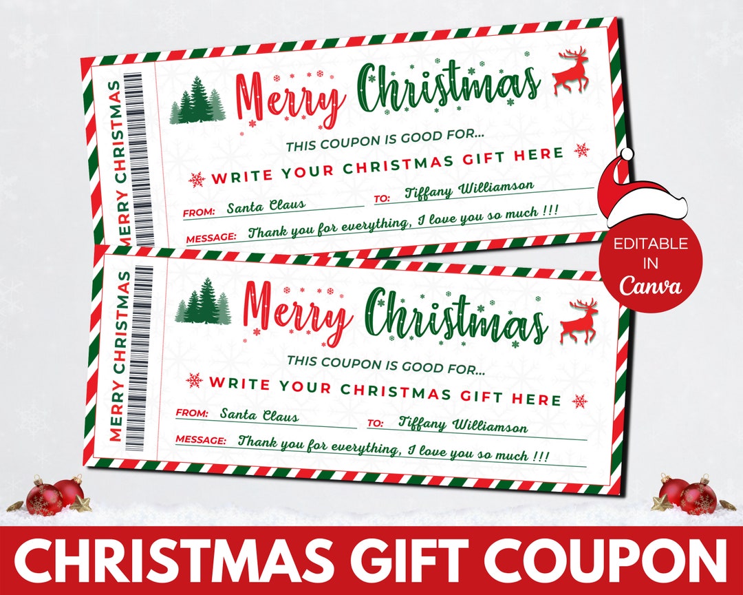 Editable Christmas Coupon Canva Template, Christmas Gift Card, Editable ...