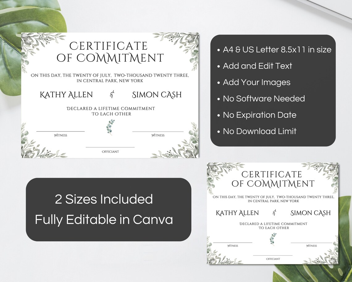 Greenery Certificate of Commitment Template Editable - Etsy