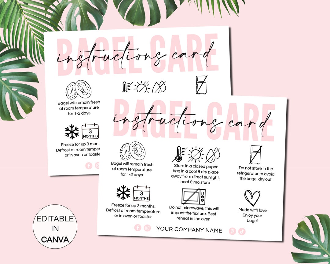 Bagel Care Card Template, Editable Bagel Care Instructions, Printable ...