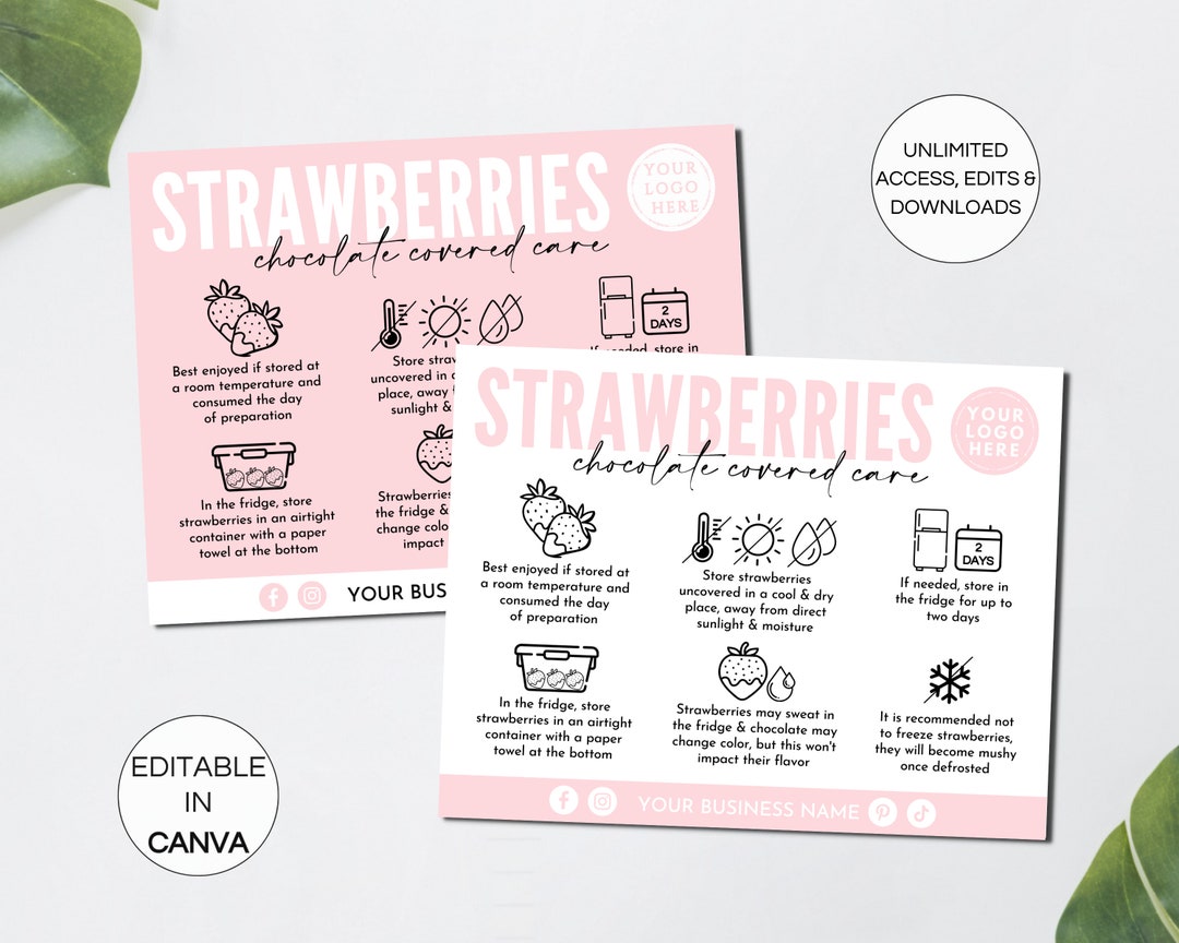 Chocolate Strawberries Care Card Template, Editable Dipped Strawberry ...