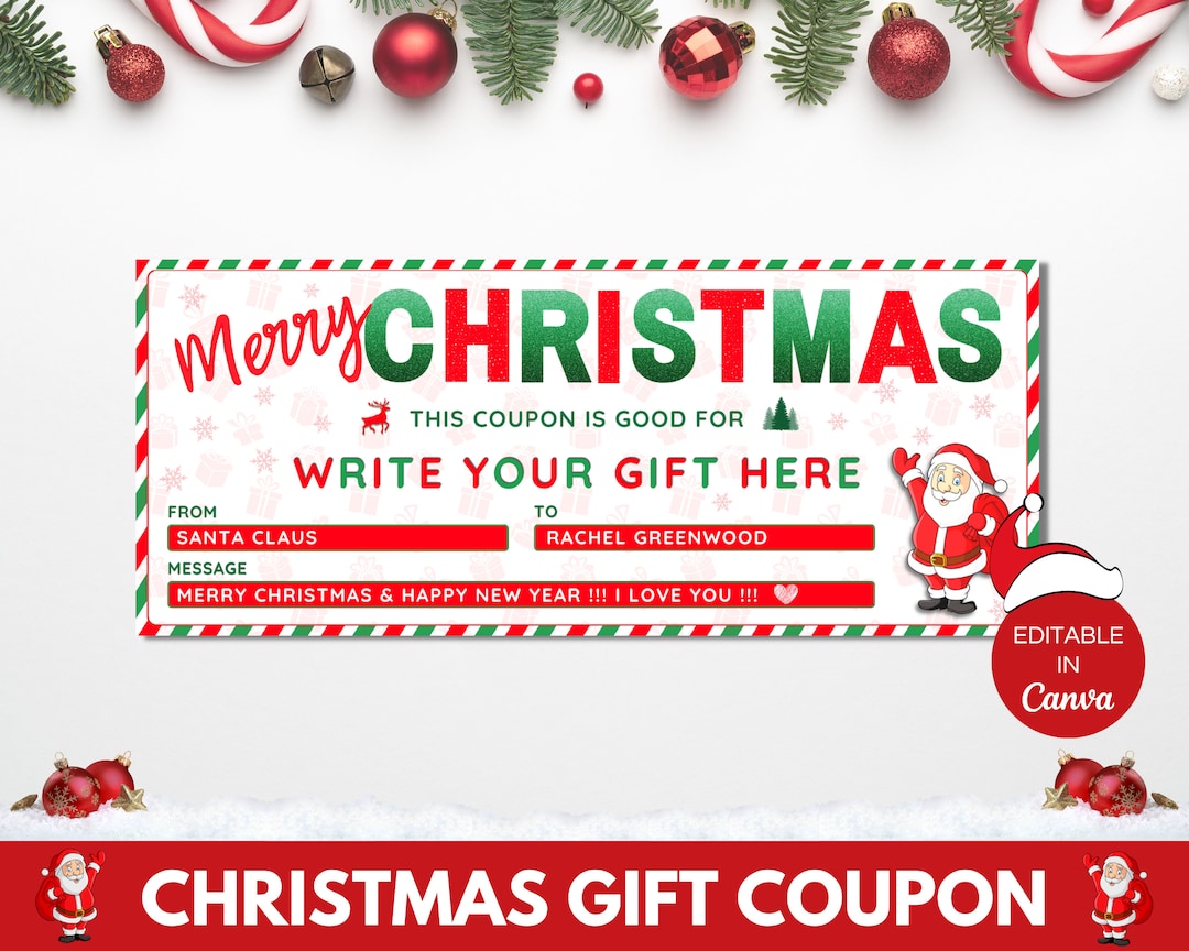 Editable Christmas Coupon Canva Template, Christmas Gift Card, Editable ...