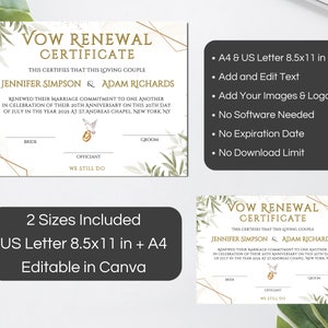 Vow Renewal Certificate, Editable Wedding Vows Renewal Certificate ...