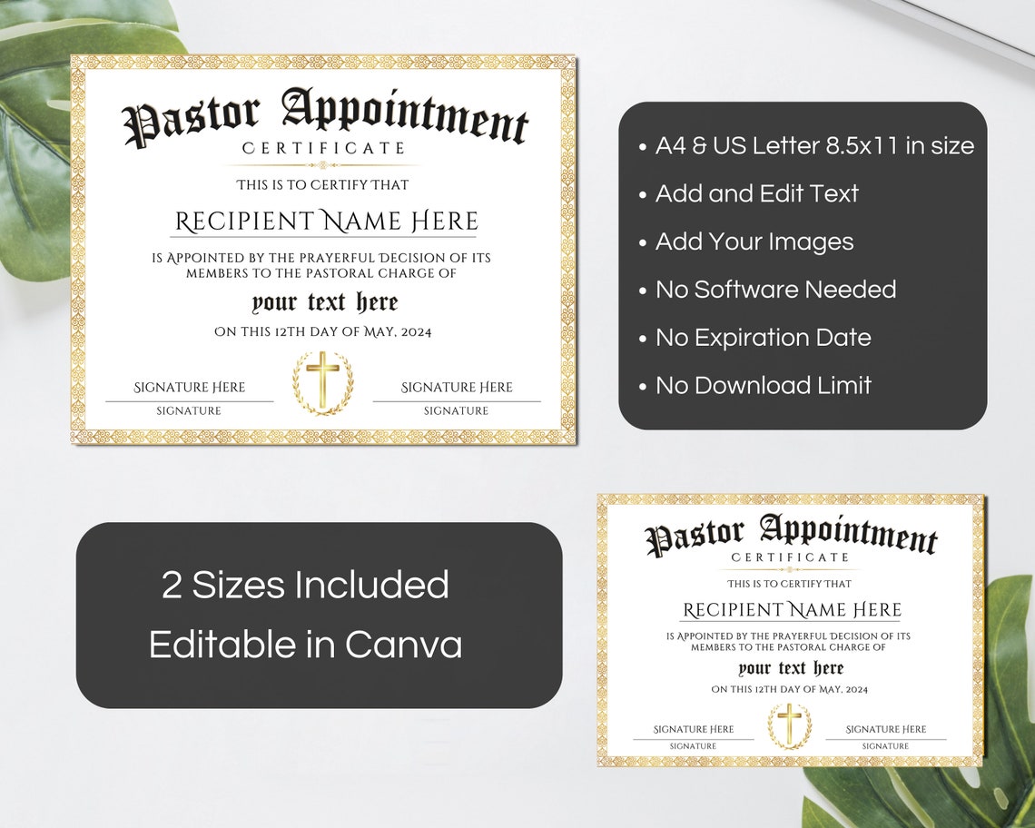 Pastor Appointment Certificate Template, Editable Certificate of ...