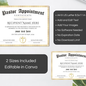 Pastor Appointment Certificate Template, Editable Certificate of ...
