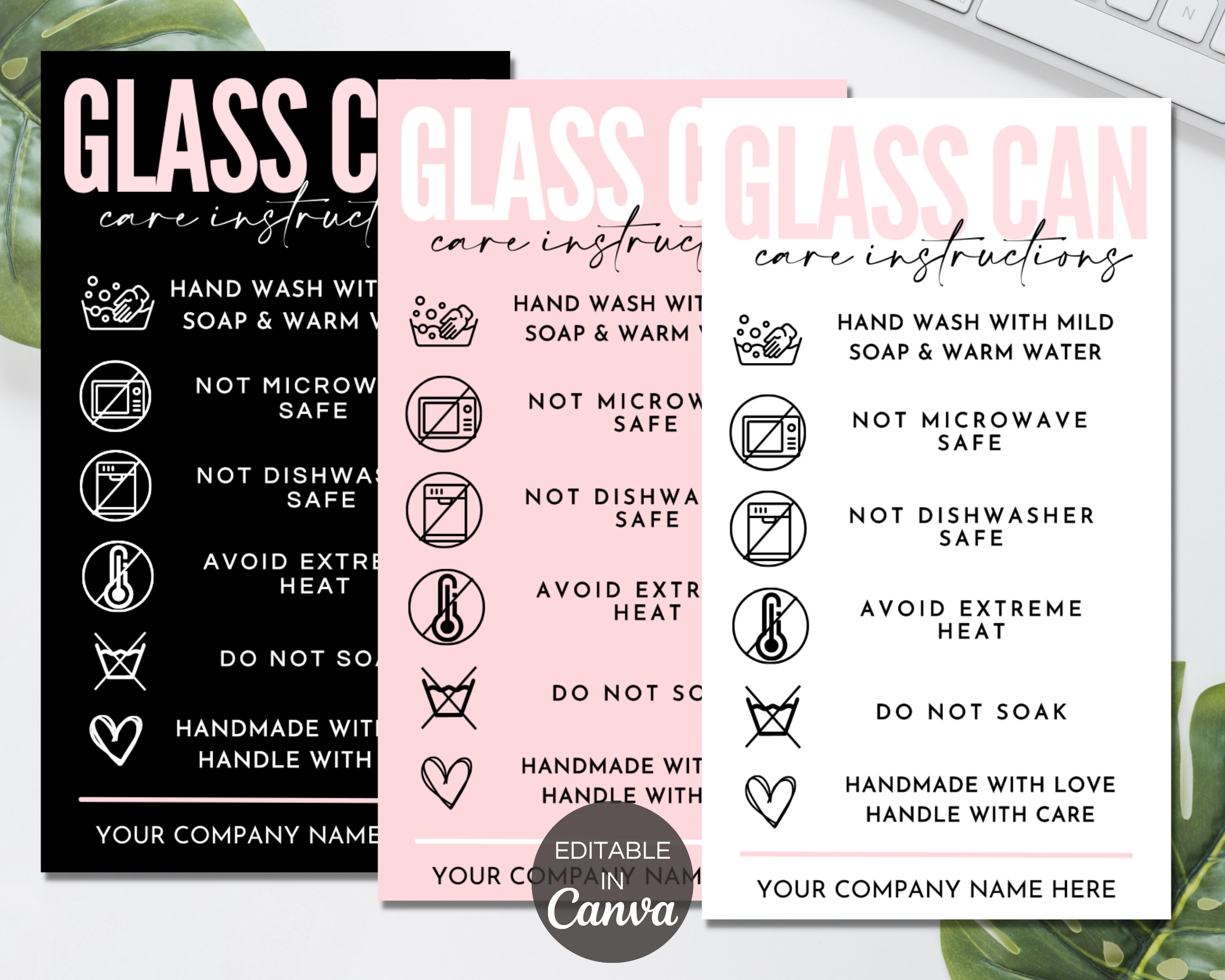 Glass Can Care Card Template, Editable Glass Cup Care Instructions ...