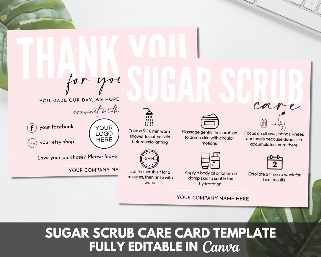Sugar Scrub Care Card Template, Editable Body Scrub Care Guide ...