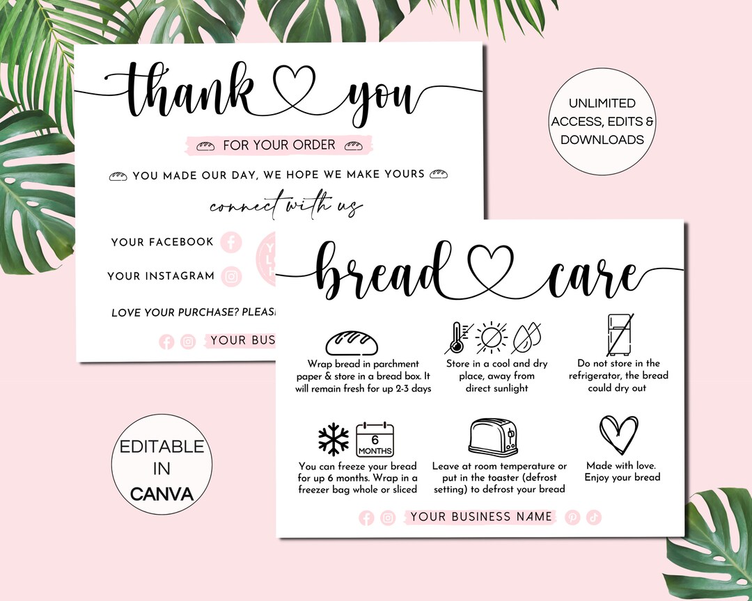 Bread Care Card, Editable Loaf of Bread Care Instructions, Printable ...