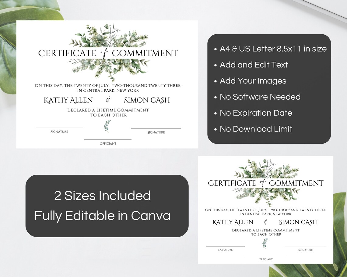 Certificate of Commitment, Printable Greenery Commitment Certificates ...